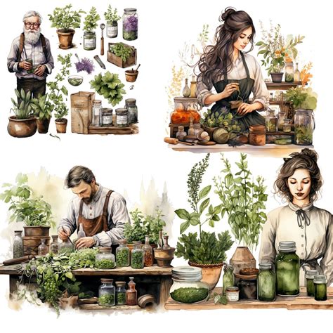 Watercolor Herbalism Clipart Herbalist Drying Herbs Green Hut Green