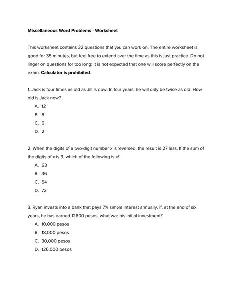Algebra Miscellaneous Word Problems Worksheet Miscellaneous Word