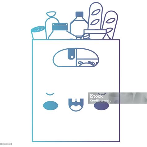 귀여운 사각형 종이 가방 핸들 및 식품 소시지 빵과 음료 주스와 물 병 우유 판지 저하 파란색 보라색 컬러 윤곽선 가방에 대한 스톡 벡터 아트 및 기타 이미지 Istock