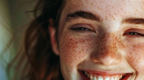 Cheerful Freckled Young Woman Looking Away Smiling Laughing Close Up Of