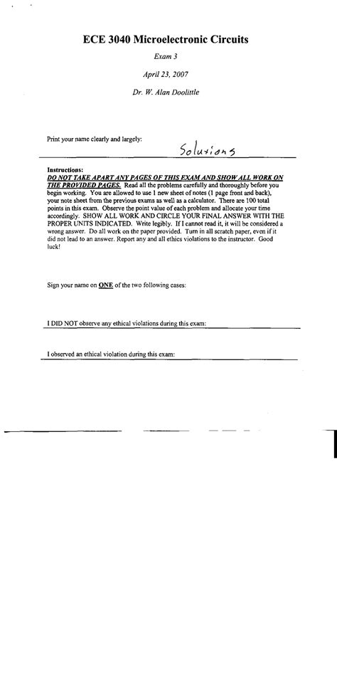 Solutions For Exam Iii Microelectronic Circuits Fall 2007 Ece 3040 Docsity