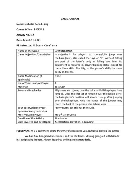 Game Journal Activity 13a Luksong Baka Pdf