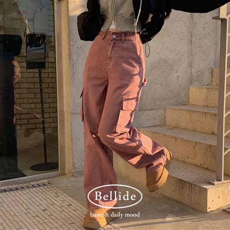 베이델리 벨리드madesml롱숏 컬러풀 코지 카고 코튼 데님 일자 와이드 팬츠