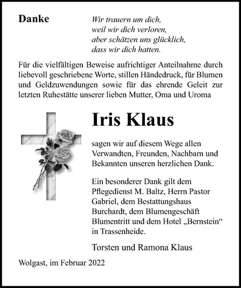 Traueranzeigen Von Iris Klaus Trauer Anzeigende