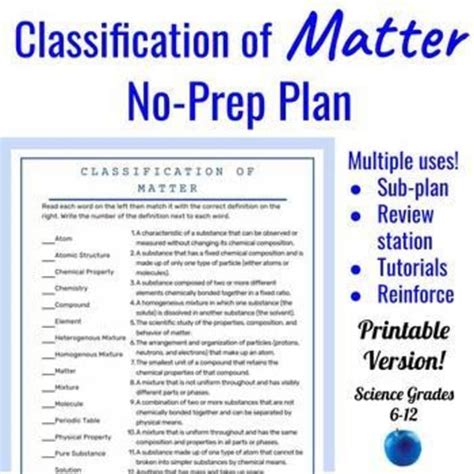 Classification Of Matter Cloze Reading Passage Puzzle Sub Plan