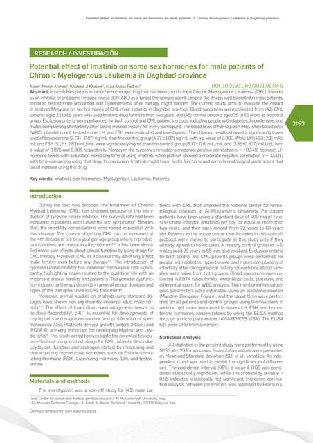 Potential Effect Of Imatinib On Some Sex Hormones For Male Patients Of Chronic Myelogenous