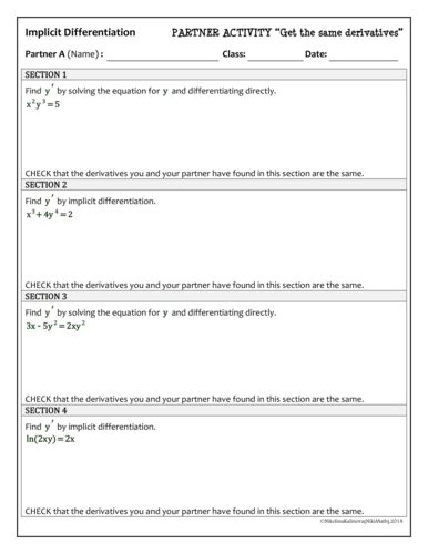 Implicit Differentiation Partner Activity Solutions Teaching Resources