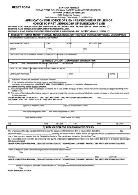 Fillable Form Hsmv 82139 Application For Notice Of Lien Assignment Of