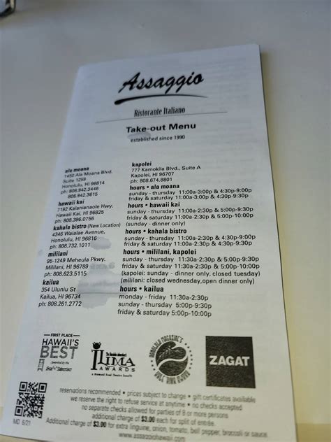 Menu At Assaggio Restaurant Honolulu Ala Moana Blvd Suite 1259