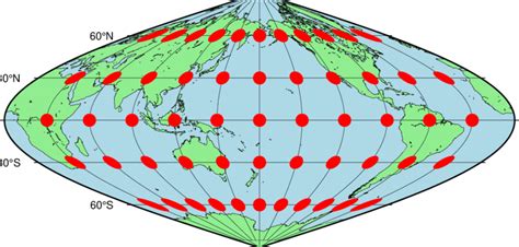 Tissots Indicatrices On A Sinusoidal Projection Of The Earth