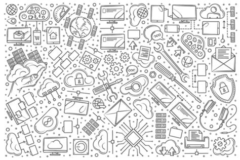 Hand Drawn Hosting Set Doodle Vector Background System Connection