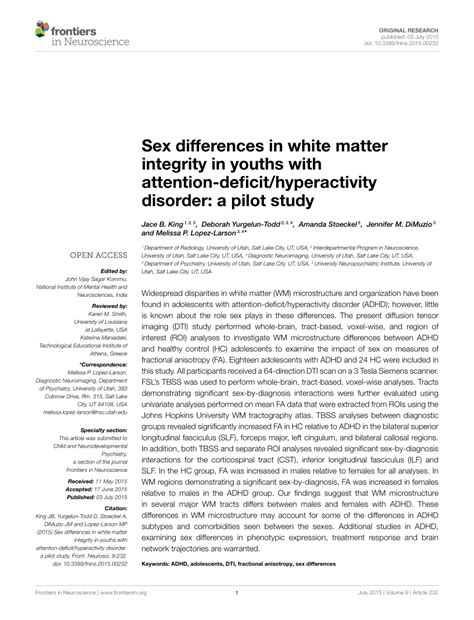 Pdf Sex Differences In White Matter Integrity In Youths With Attention Deficithyperactivity