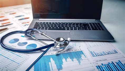 Stethoscope Rests On A Laptop And Medical Charts With Graphs And Data