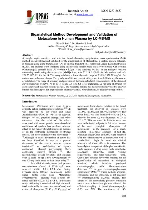 Pdf Bioanalytical Method Development And Validation Of Metaxalone In Human Plasma By Lc Msms