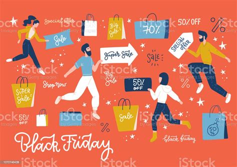 블랙 프라이데이 세일 이벤트 수평 배너 쇼핑에 가격 태그와 종이 가방 평면 사람들 문자 큰 할인 프로모션 개념 광고 포스터 배너 빨간색 배경의 벡터 플랫 일러스트레이션 소매