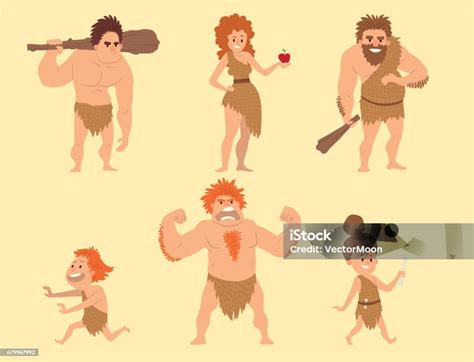 원시인 원시 석기 시대 만화 네안데르탈인 사람 문자 진화 벡터 일러스트 레이 션 Pchum Ben에 대한 스톡 벡터 아트 및