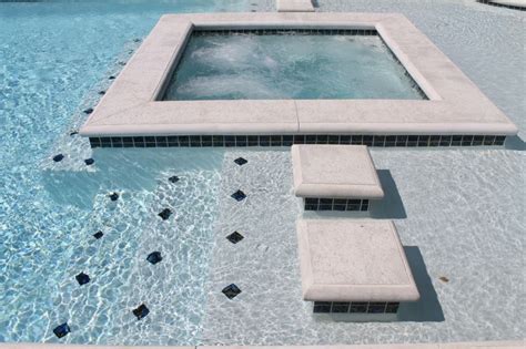 Custom Gunite Pool With Steps And Seating Spa With Limestone Coping And Wall Tile Tile Steps