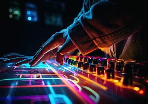 Premium Ai Image A Closeup Shot Of A Djs Hands Adjusting The Eq Knobs With Colorful Light