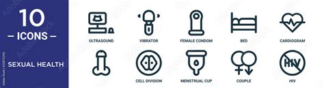 Sexual Health Outline Icon Set Includes Thin Line Ultrasound Vibrator Female Condom Bed