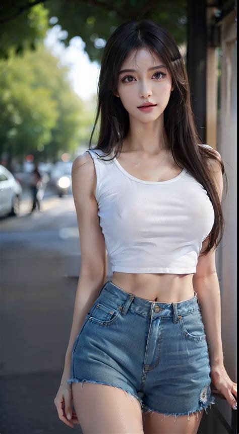 A Woman In A White Top And Blue Shorts Posing For A Picture Seaart Ai