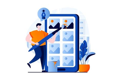 평면 만화 디자인의 사람 장면이 포함된 Ui Ux 디자인 개념 남자 일러스트레이터는 사용자 인터페이스 그리기 및 앱 레이아웃