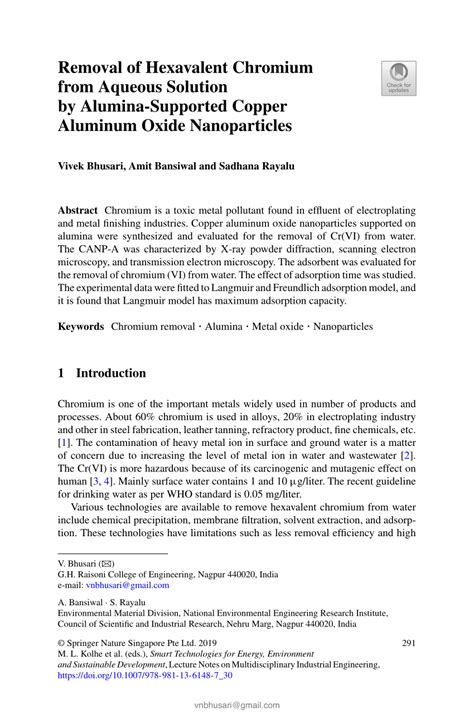 Pdf Removal Of Hexavalent Chromium From Aqueous Solution By Alumina