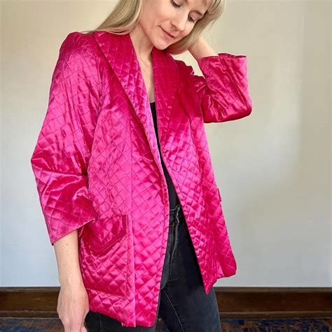 Vintage 40s Magenta Pink Satin Quilted Bed Jacket L Gem