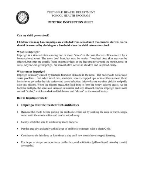 Impetigo Instruction Sheet Cincinnati Public Schools