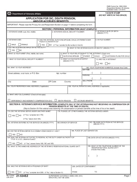 2014 Va 21p 534ez Formerly Va 21 534ez Blank Fillable Template