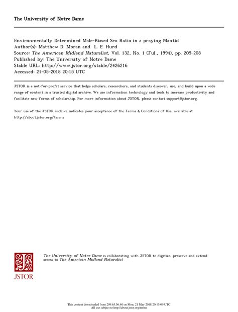 Pdf Environmentally Determined Male Biased Sex Ratio In A Praying Mantid