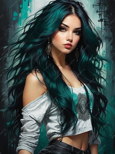 Premium Photo Sexy Grunge Girl Striking Long Black Teal Hair