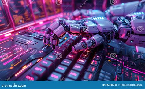 Robotic Hand Typing On A Futuristic Keyboard With Pink And Purple