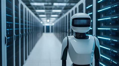 Futuristic Robotic Patrol Unit Roaming Through High Tech Data Center Environment Stock