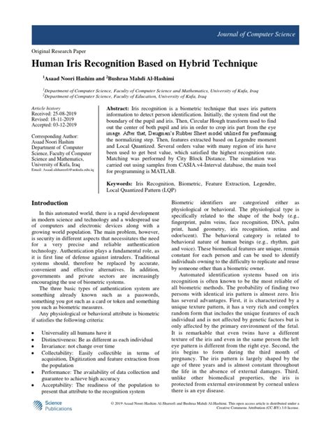 Human Iris Recognition Based On Hybrid Technique Pdf Biometrics Teaching Mathematics