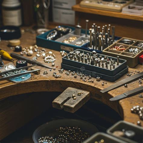 A Cluttered Jeweler S Workbench Displays An Assortment Of Tools And