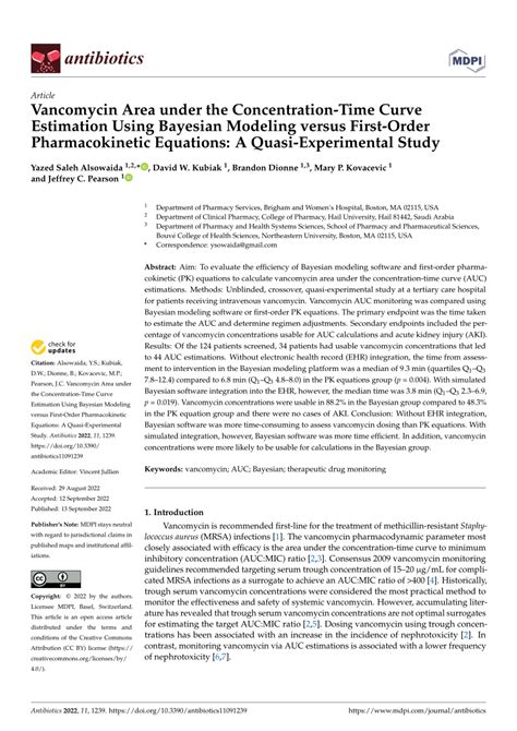 Pdf Vancomycin Area Under The Concentration Time Curve Estimation Using Bayesian Modeling
