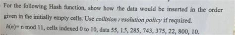 Solved For The Following Hash Function Show How The Data Chegg