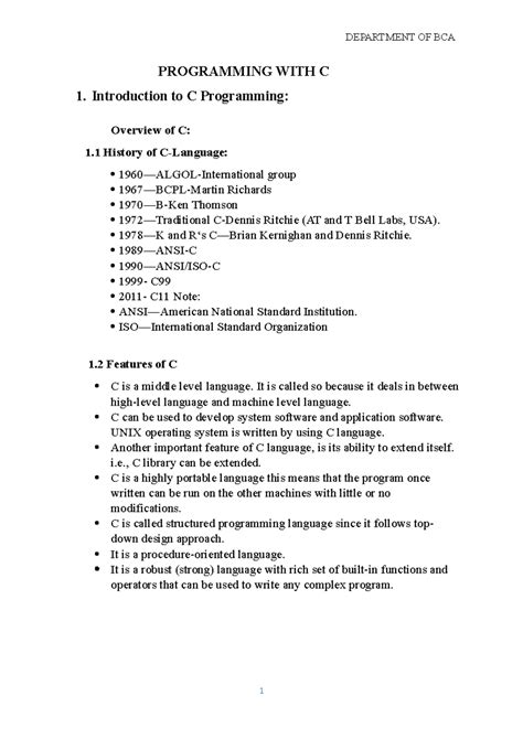 CP Notes BCA PROGRAMMING WITH C Introduction To C Programming Overview Of C History Of