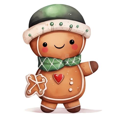 Cute Gingerbread Man Christmas Watercolor Clipart Illustration Ai Generative Stock Image