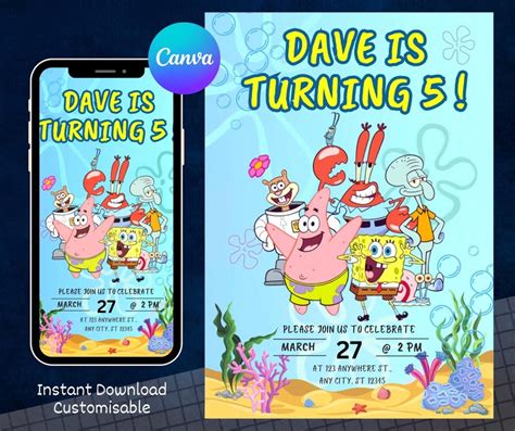 Editable Spongebob Birthday Invitation Digital Spongebob Custom Party