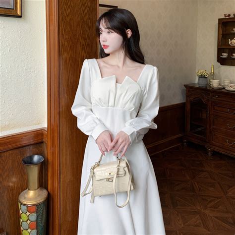 바이미뉴 ｢20대30대 셀프웨딩원피스~2xl 4xl｣ 브라이덜 스퀘어넥원피스 허리잘록 퍼프소매 언발런스 화이트드레스 여성스러운 플레어 A라인 롱스커트 통통이 소개팅룩 나들이