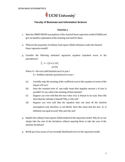 Tutorial 4 Bfi204 Basic Econometrics Faculty Of Business And