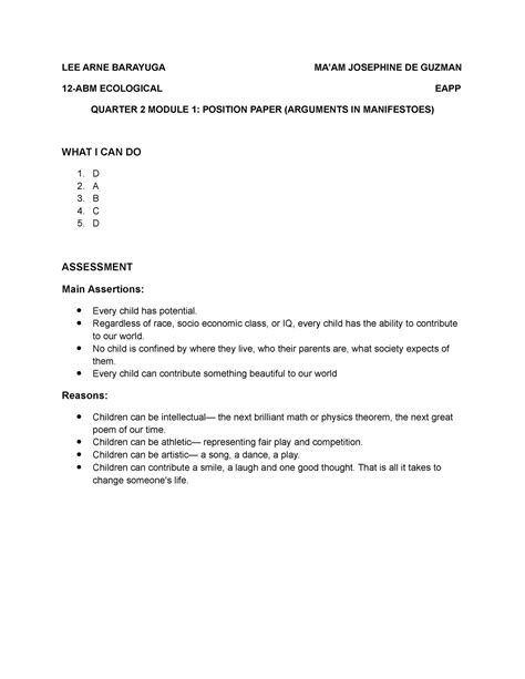 Eapp Module 1 Position Paper Arguments In Manifestoes Lee Arne
