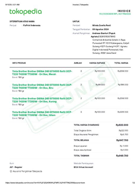 Invoice Tokopedia 1p Jateng Tinta Printer 9 Box Pdf