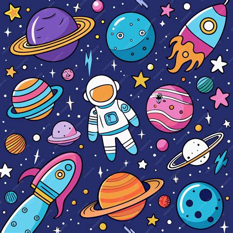 Colorful Space Adventure Astronauts Planets And Stars In A Fun Cartoon