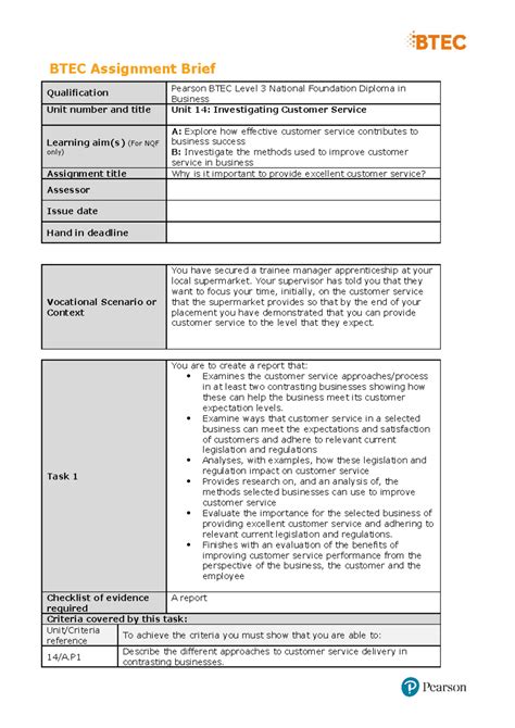 Unit 14 Investigating Customer Service Assignment 1 Btec Assignment Brief Qualification