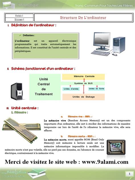 Structure De Base D Un Ordinateur Cours Dinformatique Tronc Commun Pdf