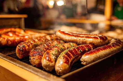 Grilled Hot Sausages At A Street Festival Street Food Classic German