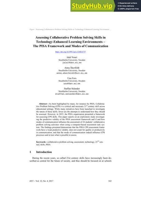 Assessing Collaborative Problem Solving Skills In Technology Enhanced Learning Environments The