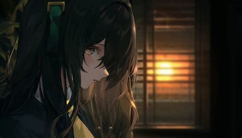 Safebooru 1girl Black Coat Black Hair Blush Coat Dusk Ear Tag